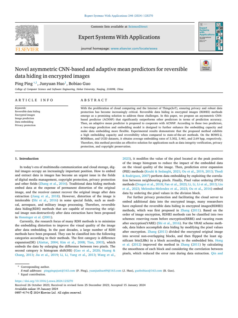 Novel asymmetric CNN-based and adaptive mean predictors for reversible data hiding in encrypted ...