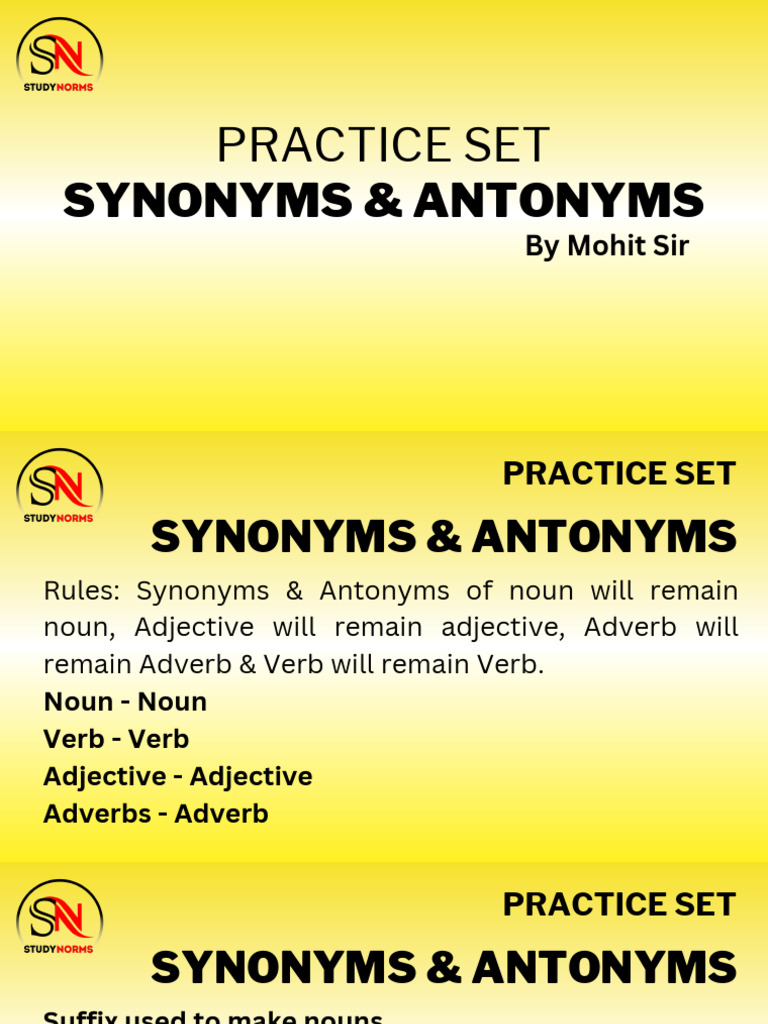 Synonyms and Antonyms Practice Set | PDF | Adjective | Adverb