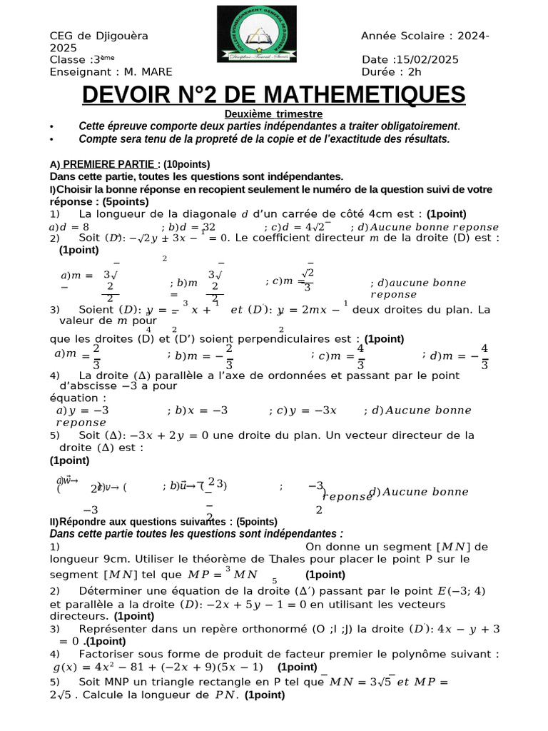 Devoir N°2 de Maths 3ème 2è Trim-1 | PDF | Coordonnées cartésiennes | Fonction (Mathématiques)