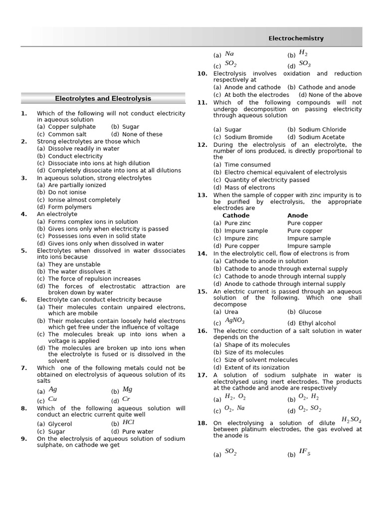 02 Electrochemistry Ques. Final E | PDF | Electrolyte | Electrochemistry