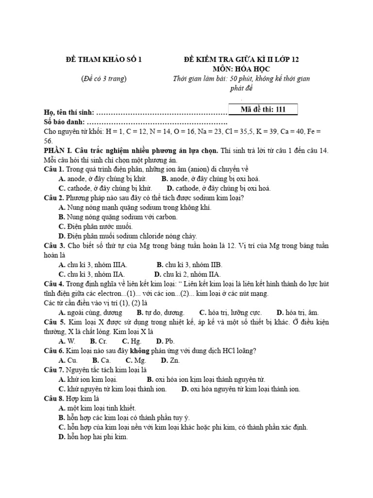 3 đề ôn hóa gk 12 | PDF