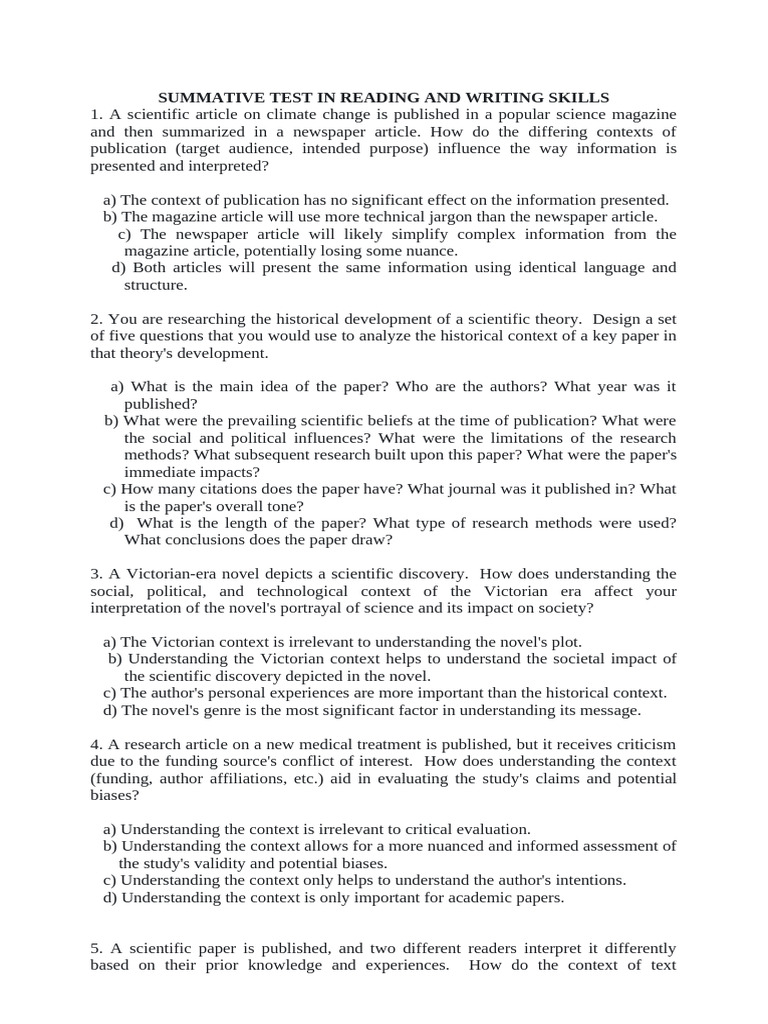 Summative Test in Reading and Writing Skills For Stem | PDF ...