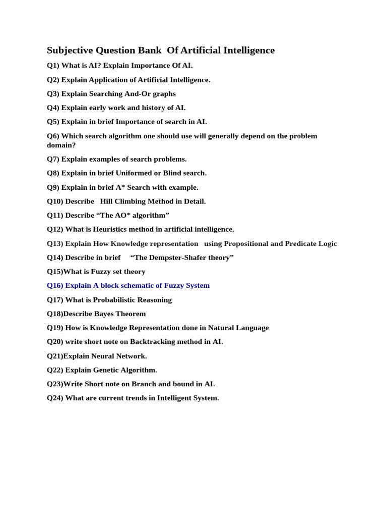 Artificial Intelligence Subjective Question Bank | PDF