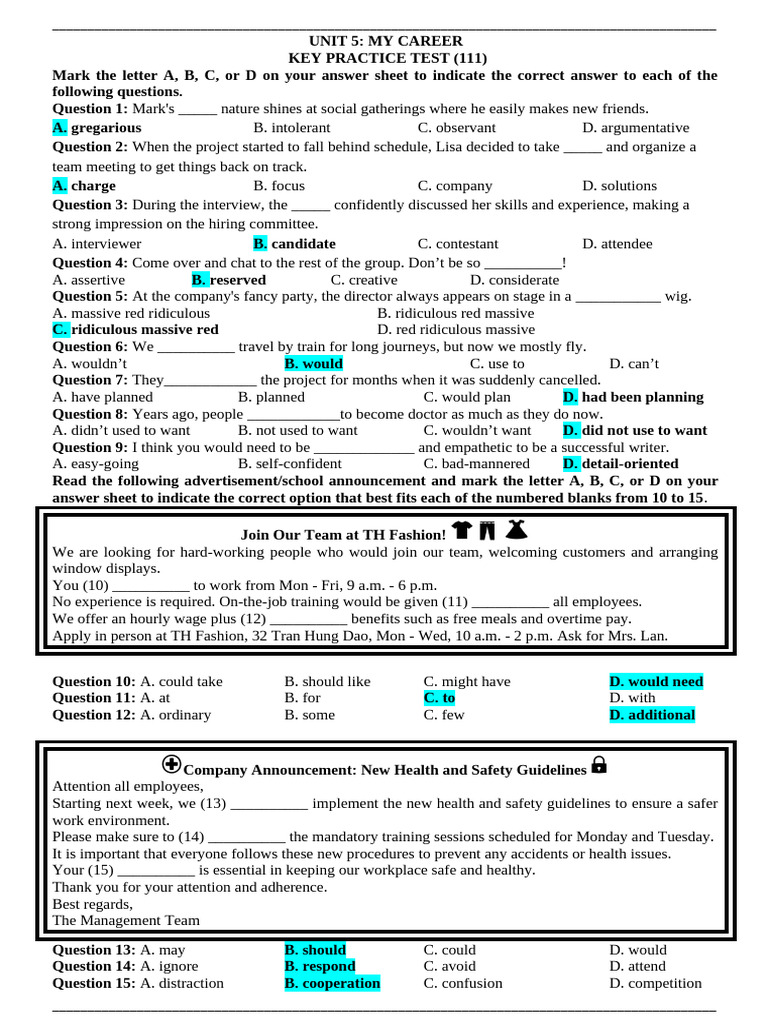 Key Unit 5 - Practice Test 1 111 | PDF | Vietnam | Leadership