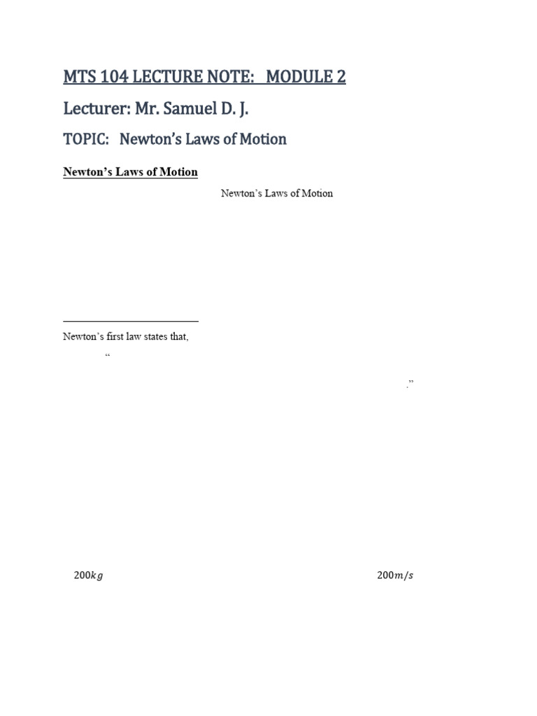 MTS 104 Lecture Note MODULE 2-1 | PDF | Force | Newton's Laws Of Motion