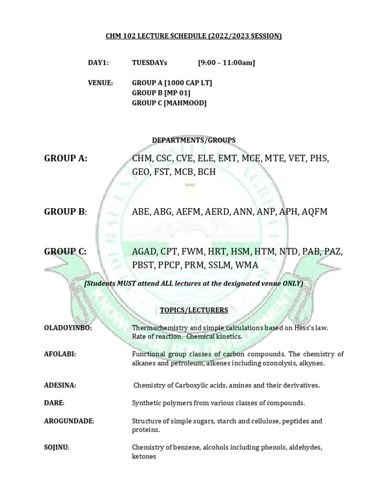 CHM 102 Lecturer Schedule 2023 - 113455 | PDF