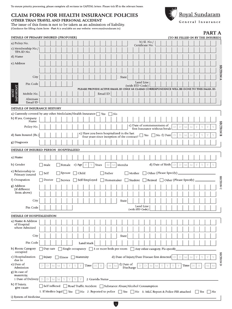 Royal Sundaram Insurance Co LTD Claim Form | PDF