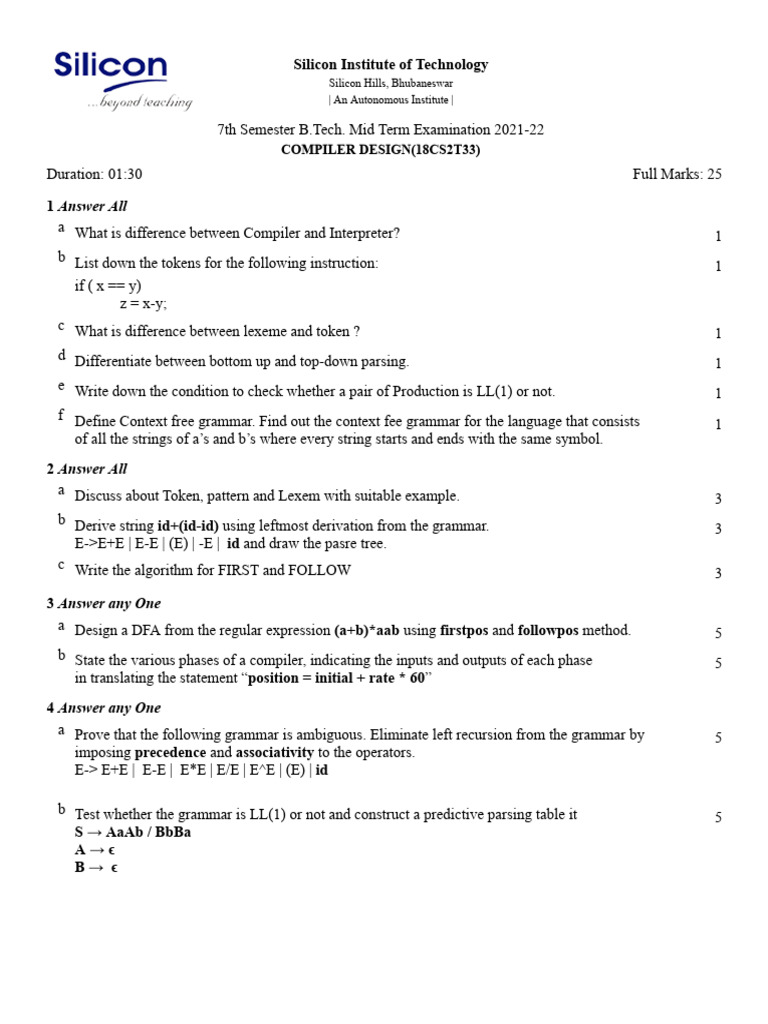 Compiler Design Mid Term Solutions | PDF | Parsing | Syntax