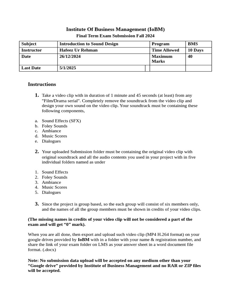 IoBM Sound Design Exam Instructions | PDF
