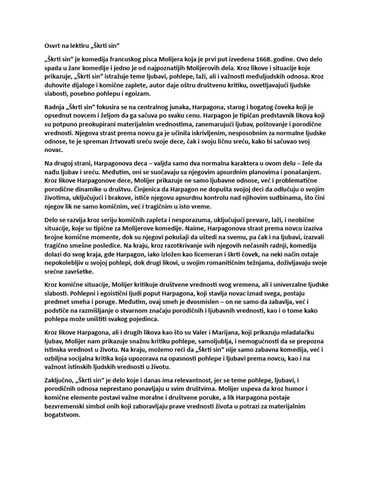 Osvrt Lektira Škrtac | PDF