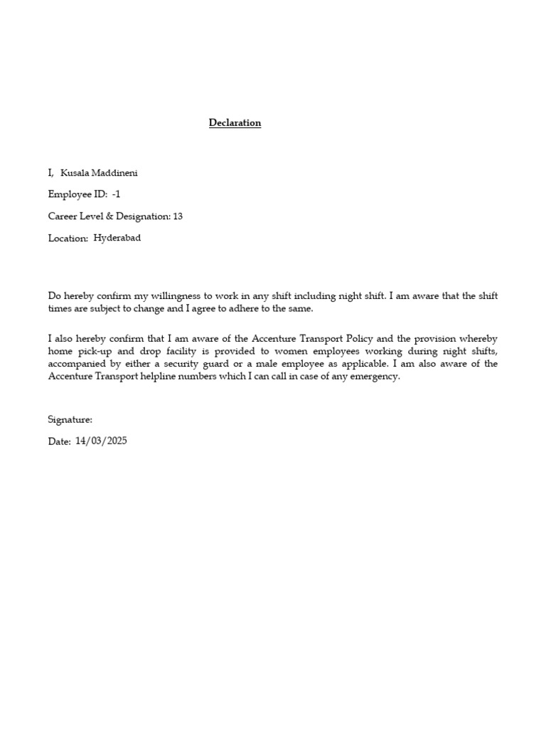 Women Consent Letter For Working in Night Shift | PDF