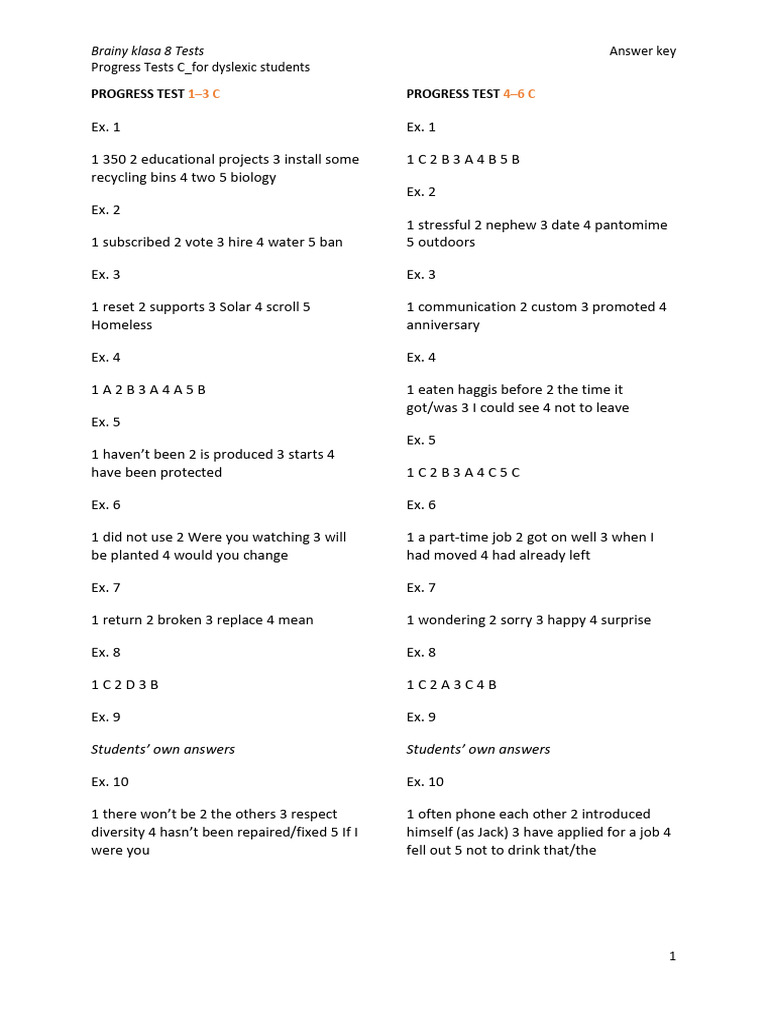 Brainy Class 8 Progress Test Answers | PDF