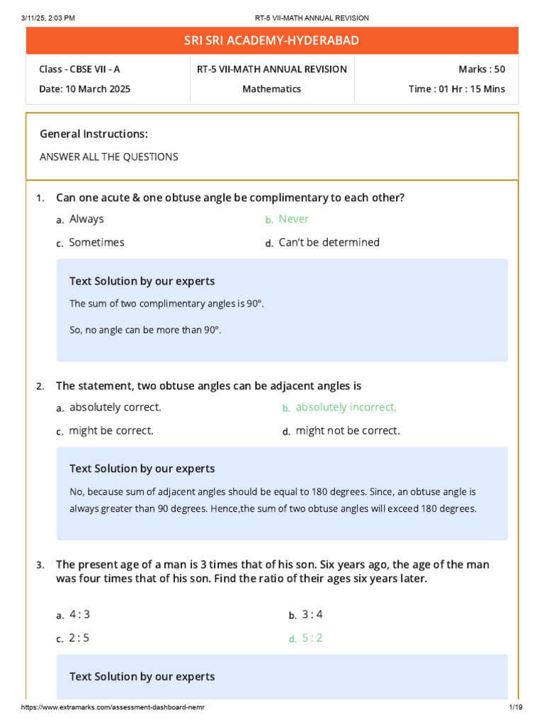 RT-5 VII-MATH ANNUAL REVISION-SOLUTIONS | PDF | Euclidean Plane ...