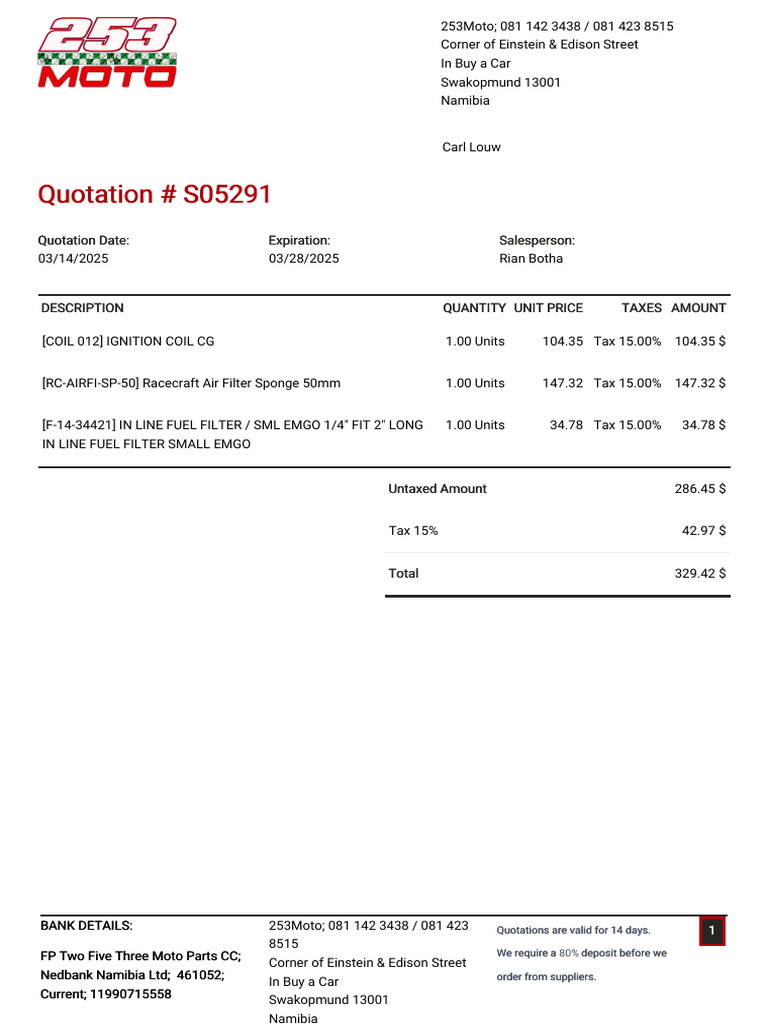 Quotation S05291 for Motorcycle Parts | PDF