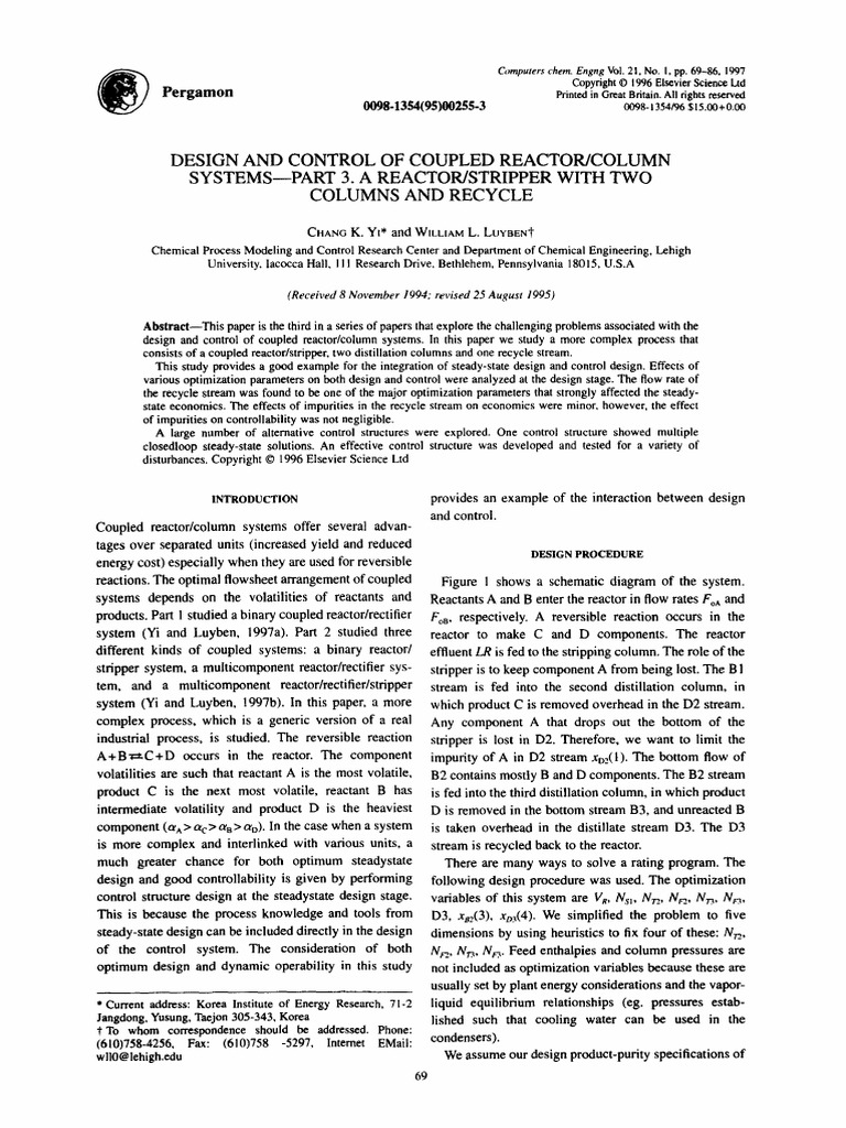 Design and Control of Coupled Reactor-Column Systems-Part 3. A Reactor-Stripper With Two Columns ...