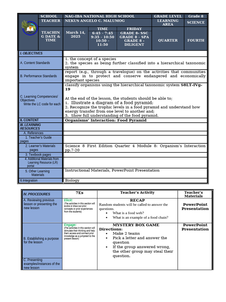 Food Pyramid Lesson Plan Grade 8 | PDF | Food Web | Biomass (Ecology)