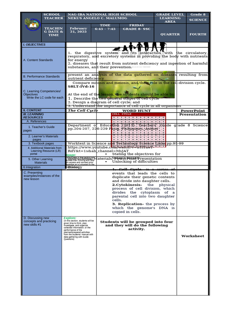 Cell Cycle Lesson Plan Grade 8 | PDF | Cell Cycle | Cellular Processes