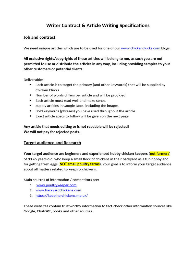 Writer Contract & Article Writing Specifications | PDF