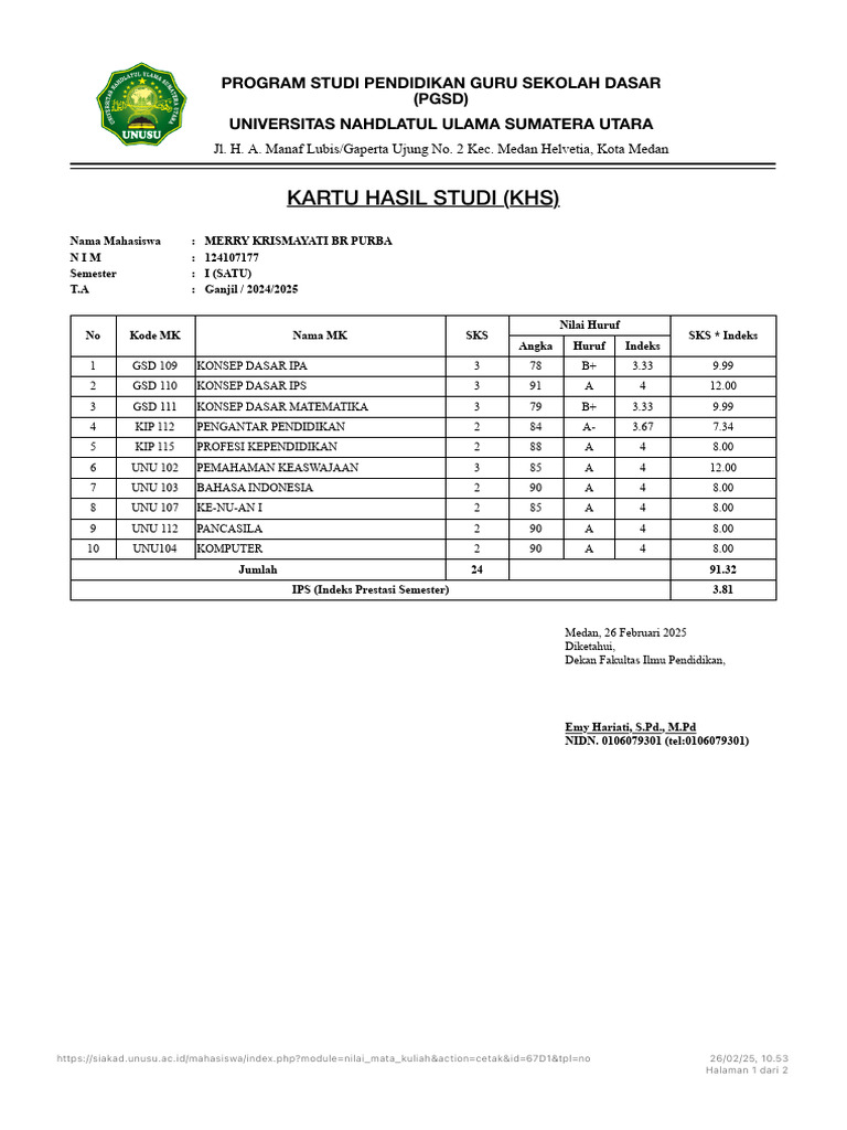 Kartu Hasil Studi PGSD UNUSU | PDF