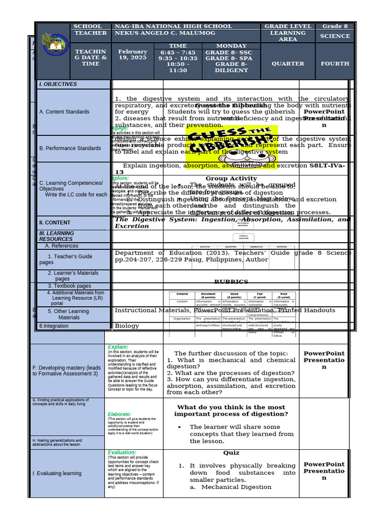 PROCESS OF DIGESTION LESSON PLAN GRADE 8 | PDF | Digestion | Learning