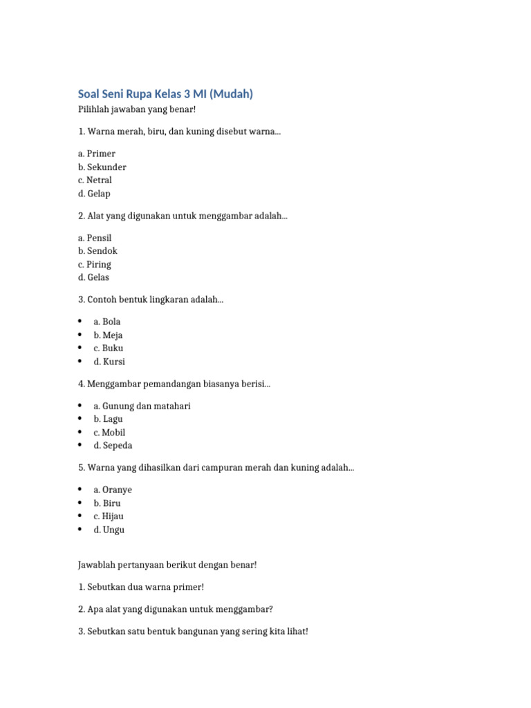 Soal Seni Rupa Kelas 3 MI Mudah | PDF