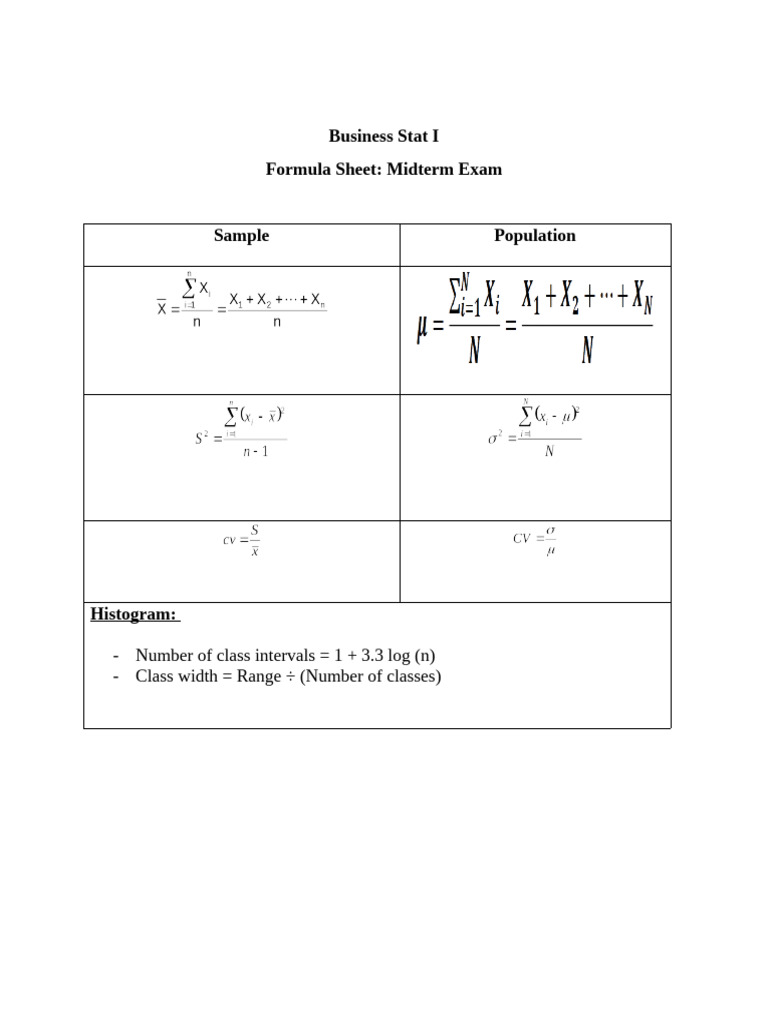 Formula Sheet - Mid Term (Stat 220 Spring 2025) | PDF