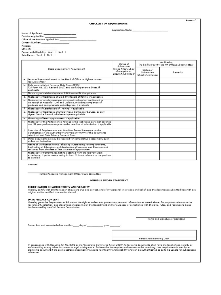 Annex C Requirements Checklist | PDF