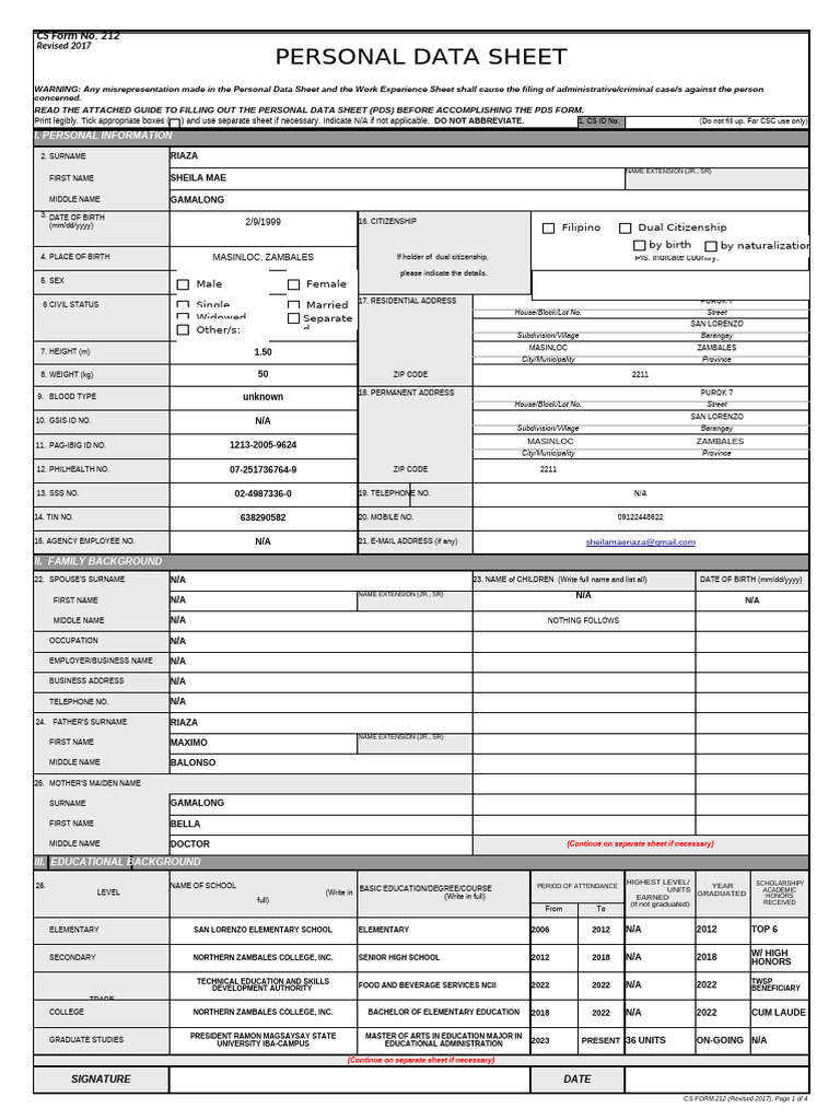 CS Form No. 212 Personal Data Sheet Revised | PDF | Government