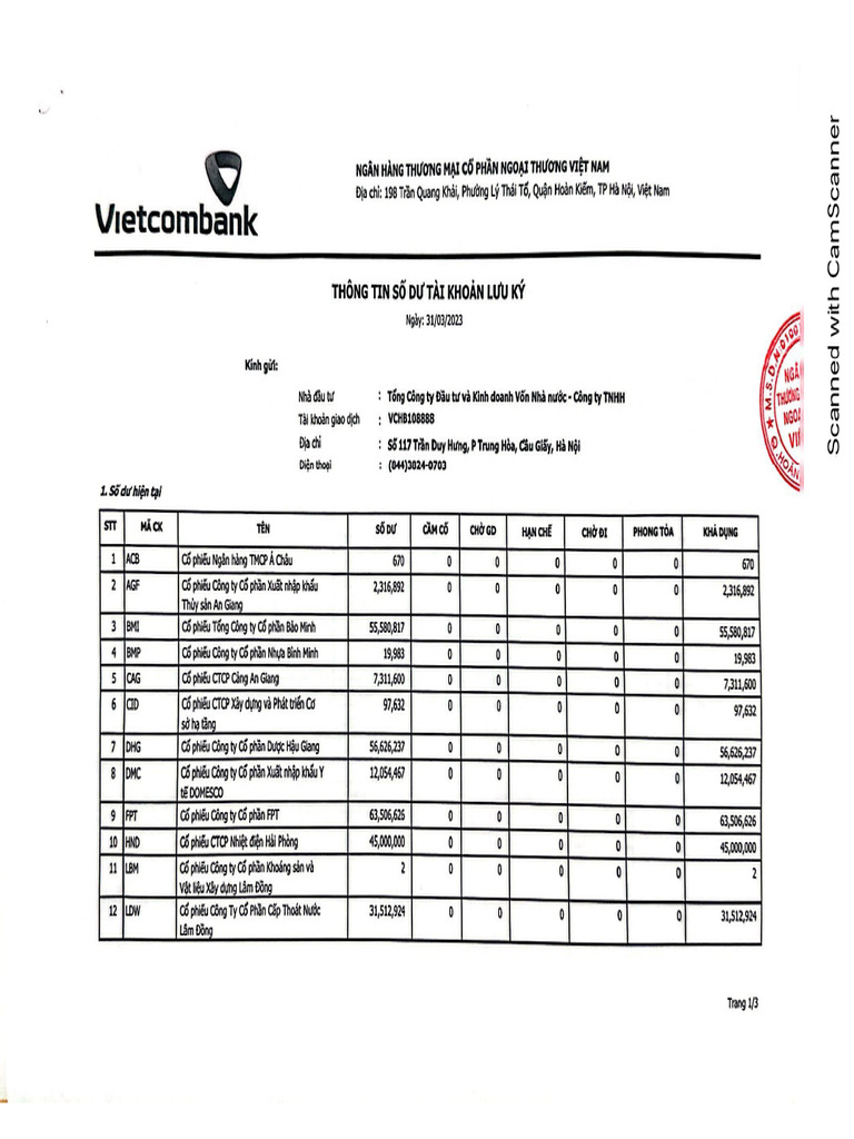 Xac Nhan So Du So Huu Co Phieu BMP Cua SCIC | PDF