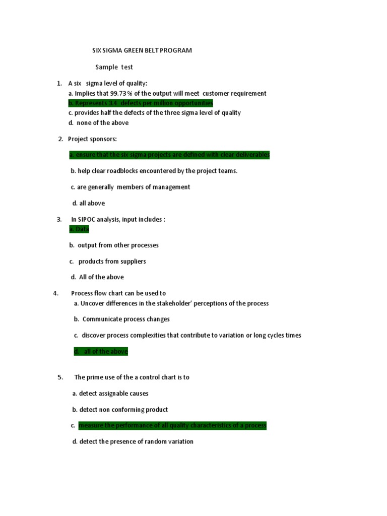 Six Sigma Questions Sample | Six Sigma | Quality (Business)