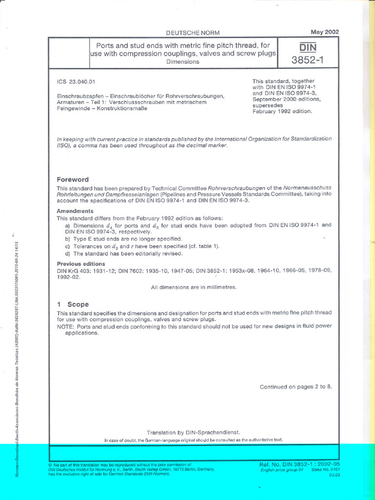 7#DIN 3852-1 (2002) - Ports and Stud Ands With Metric Fine Pitch Thread, For Use With ...