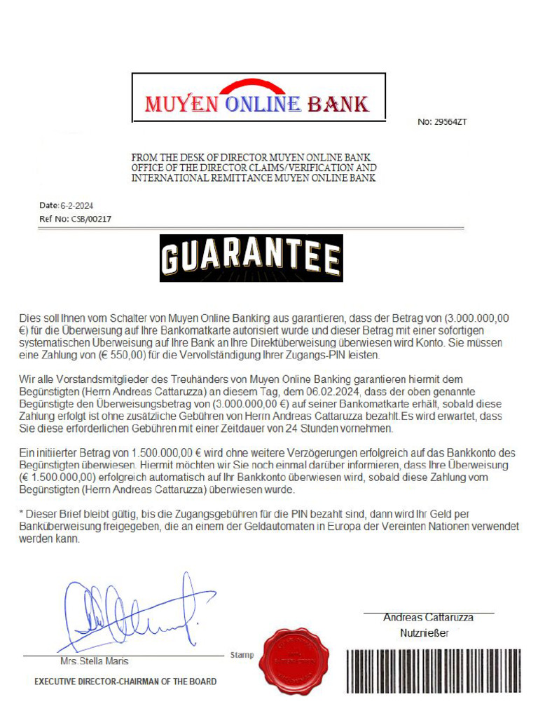 Bank Guarantee Letter (MR - Andreas Cattaruzza) | PDF