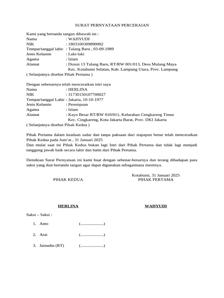 Surat Pernyataan Perceraian | PDF