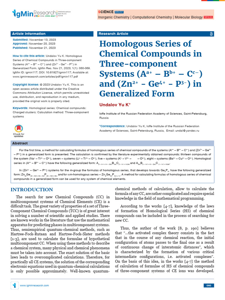 Homologous Series of Chemical Compounds in Three-Component Systems (Aa+ - BB+ - CC-) and (Zn2 ...