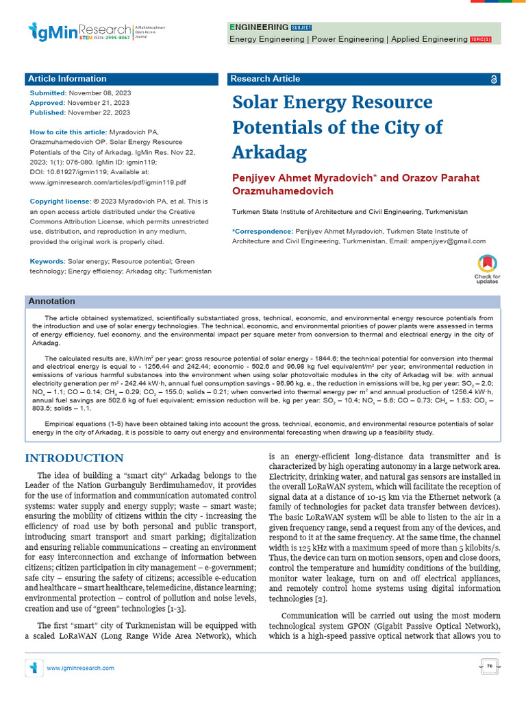 Solar Energy Resource Potentials of The City of Arkadag | PDF | Energy ...