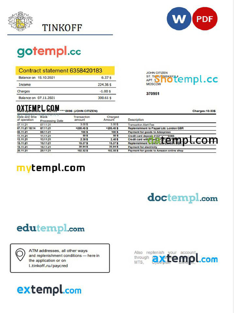 Doctempl - Russia Tinkoff Bank Proof of Address Statement (English Version) Template in Word and ...