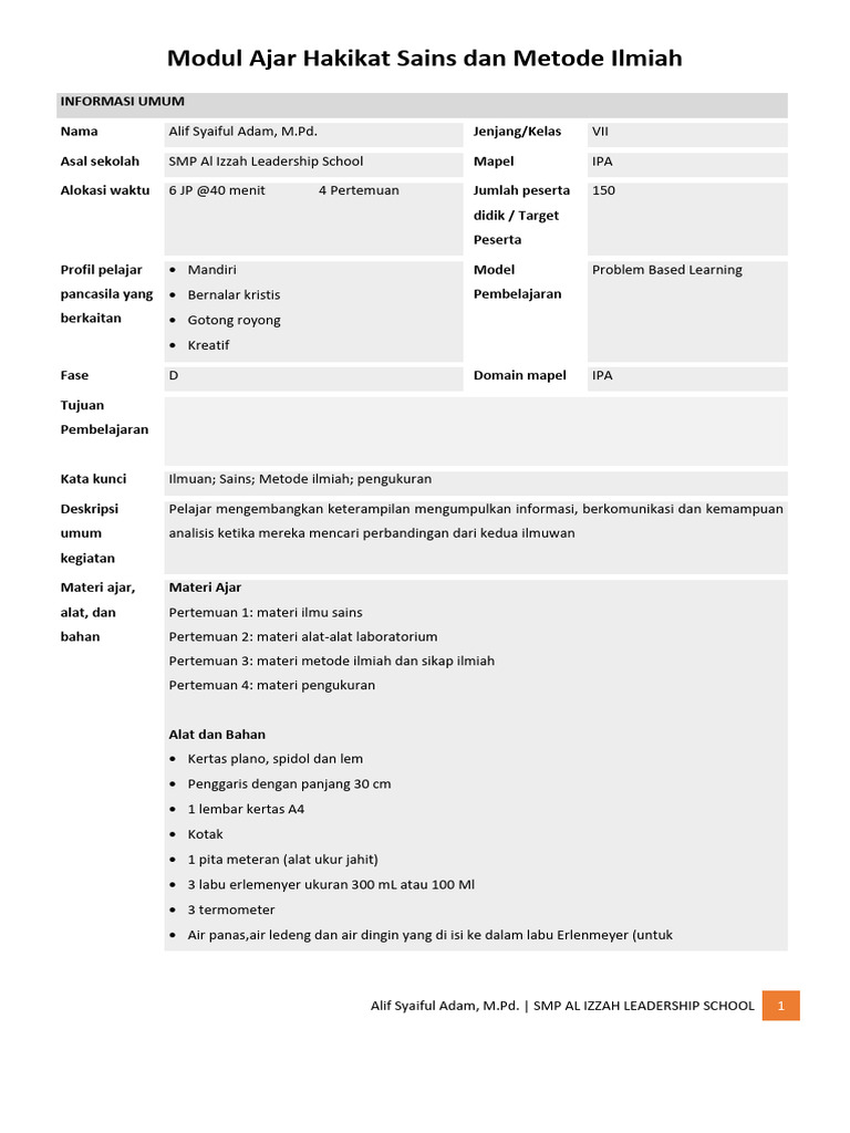 Modul Ajar BAB 1 Kelas 7 - Hakikat Ilmu Sains Dan Metode Ilmiah - Alif Syaiful Adam | PDF