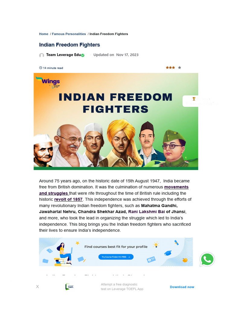 20+ Greatest Indian Freedom Fighters and Their Sacrifices - Leverage ...