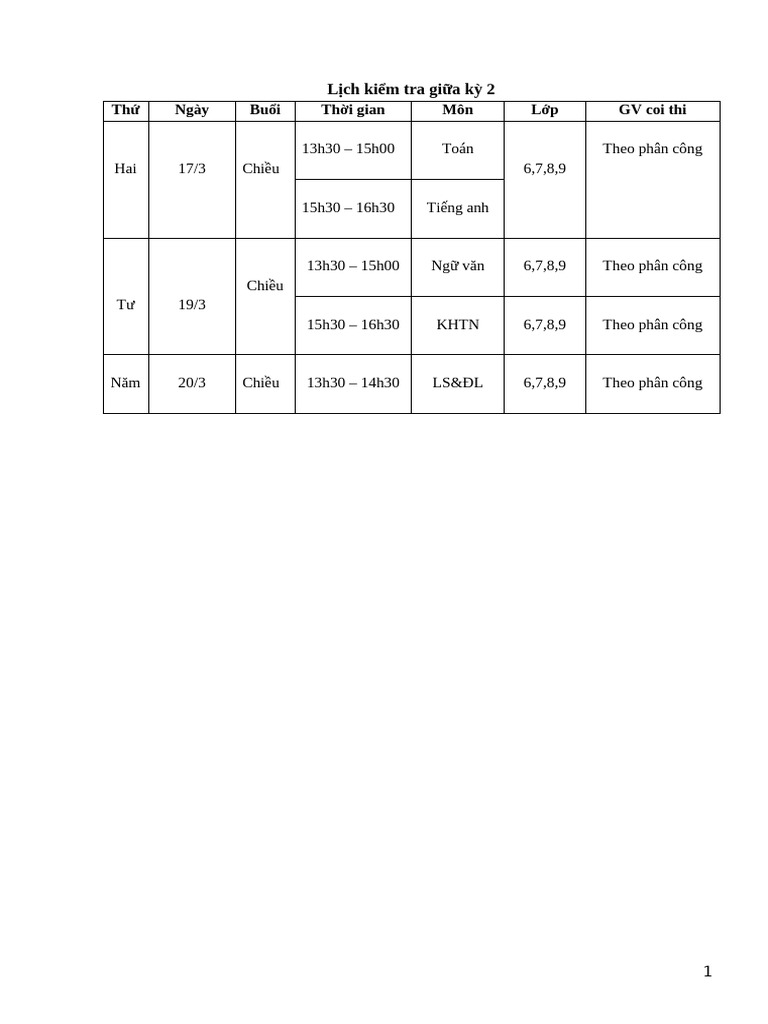 LỊCH KIỂM TRA GK2 | PDF