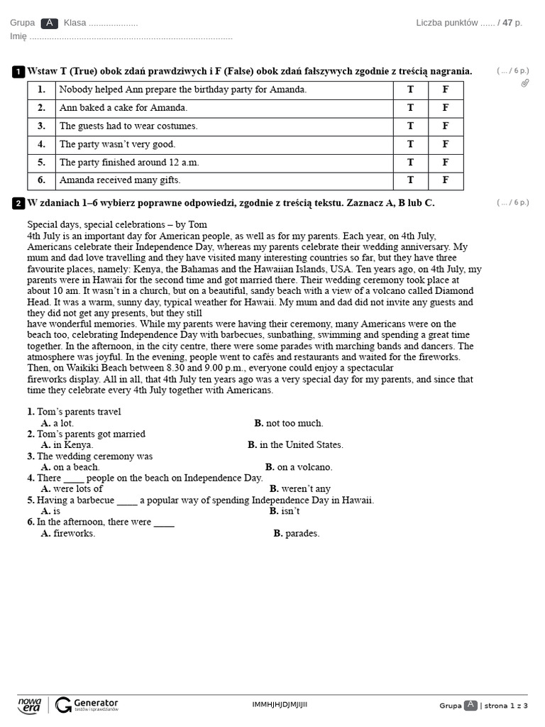 Unit 5 Basic Test Test (Z Widoczną Punktacją) | PDF | Observances
