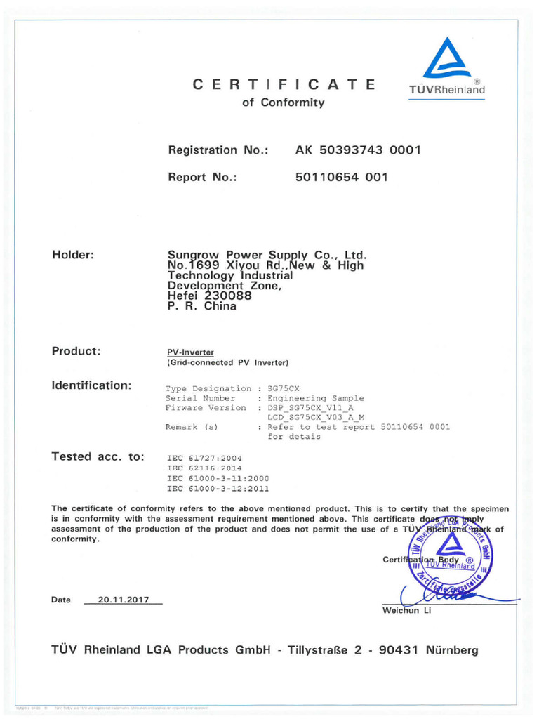 Sungrow 75k SG75CX - IEC 61727 - 62116 - 61000-3-11 - 12 Certificate | PDF
