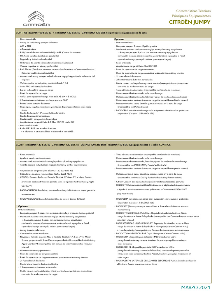 Equipamiento Jumpy | PDF | Sistema de freno antibloqueo | Transmisión manual
