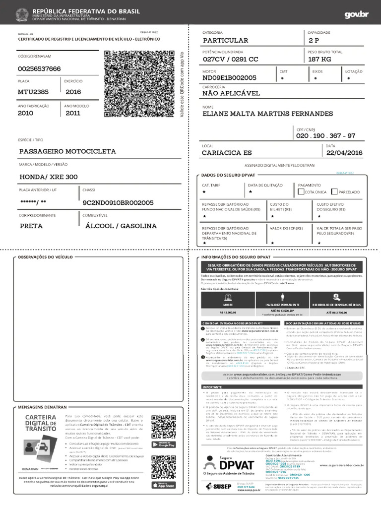 CRLV Digital: Xre 300 (Detran - Es) PDF | PDF