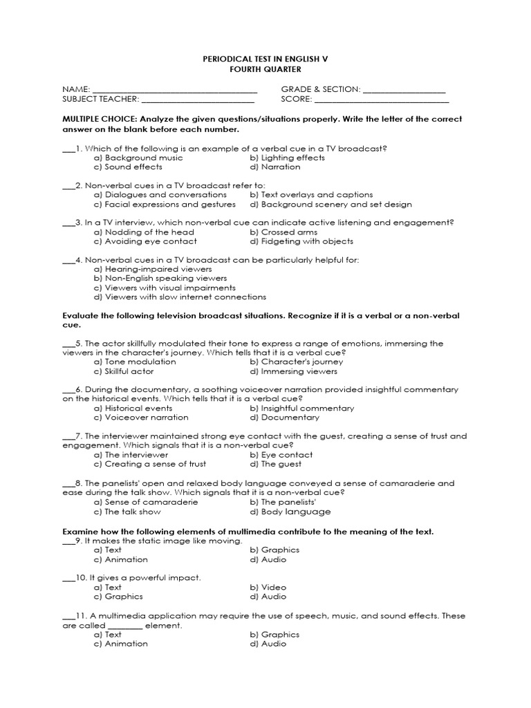 English V Fourth Quarter Test Guide | PDF | Nonverbal Communication ...