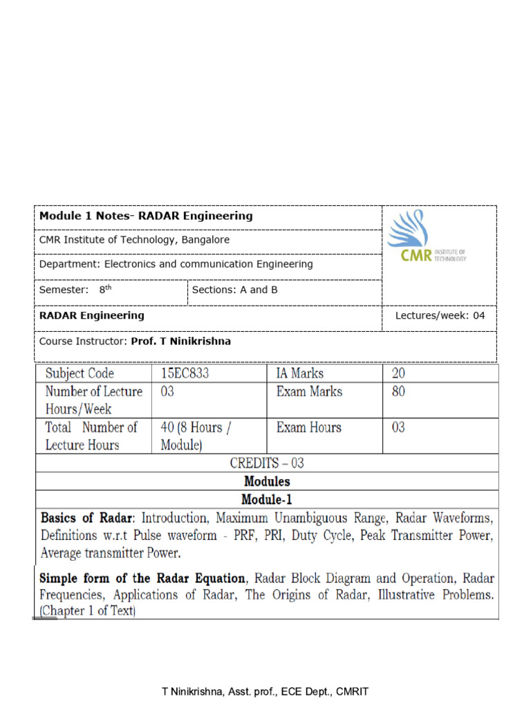 Module 1 Notes-Basics of RADAR and Simple RADAR Equation | PDF