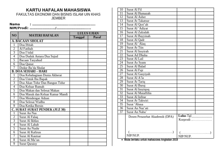 Form Hafalan Juz 30 Dan Doa | PDF