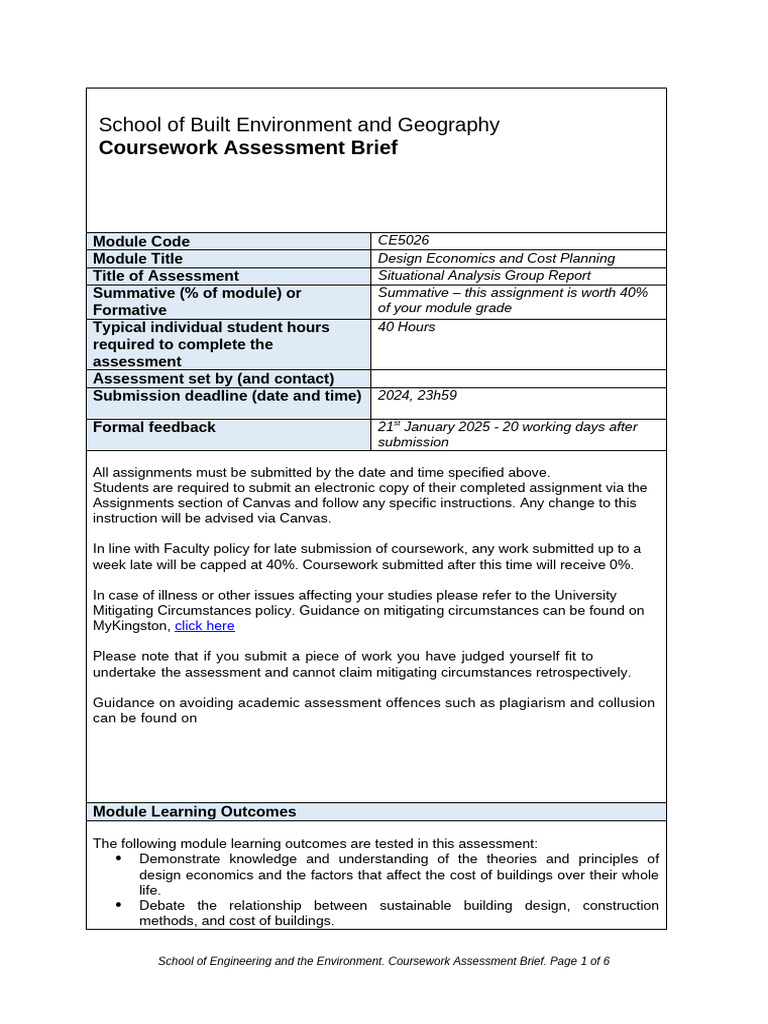 CE5026 CW1 Assignment Brief 2024 2025 | PDF | Educational Assessment | Evaluation