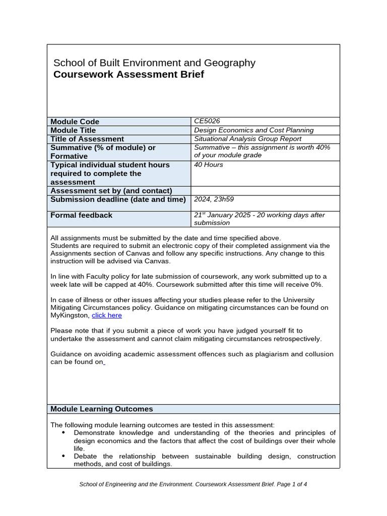 CE5026 CW1 Assignment Brief 2024 2025 | PDF | Educational Assessment | Evaluation