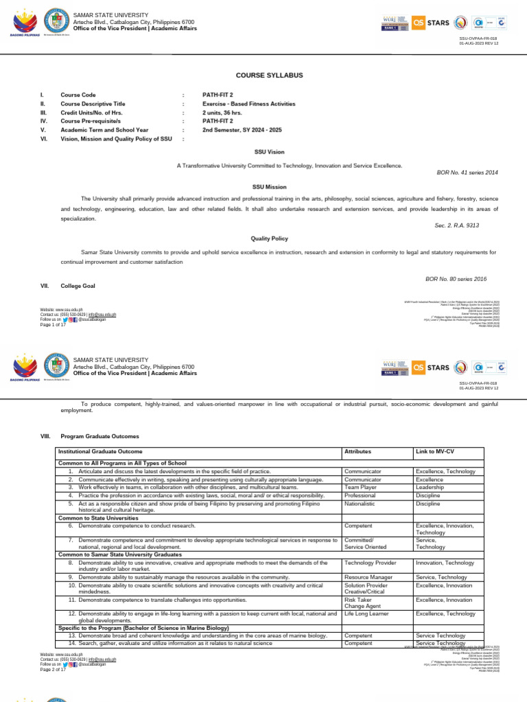 BS Marine Biology Course Syllabus | PDF | Physical Fitness | Skeletal ...