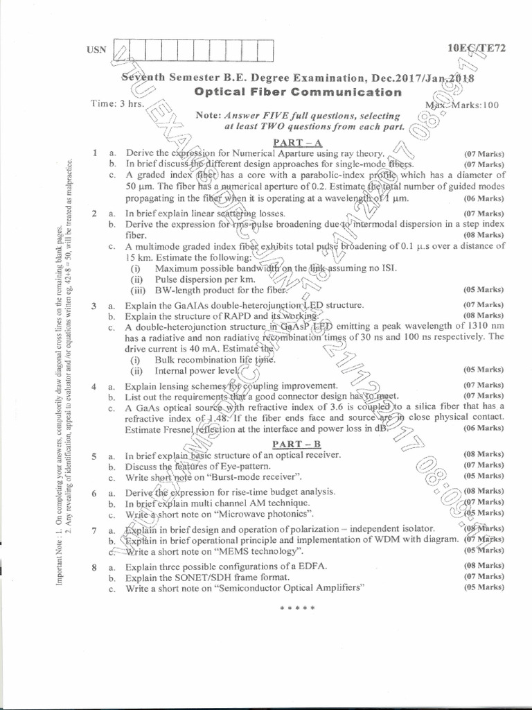 VTU question paper of 10EC-TE72 Optical Fiber Communication Dec-2017 | PDF
